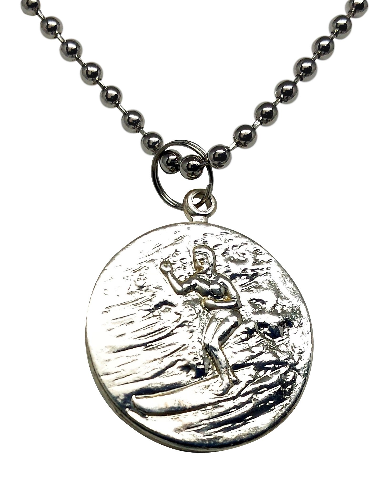 St. Christopher Surf Necklace, Large Pendant, Silvertone Color with Black Rim, 23 Inch Long Ball Chain