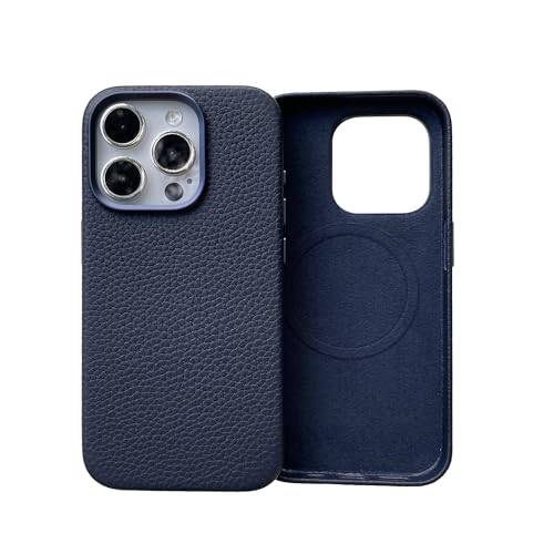 RKS Leather Case for iPhone 15 Pro Max (6.7inch), Compatible with MagSafe, Stylish Lychee Pattern Genuine Leather case with Soft Fiber Lining, Lip Screen Protection, Wireless Charging Navy