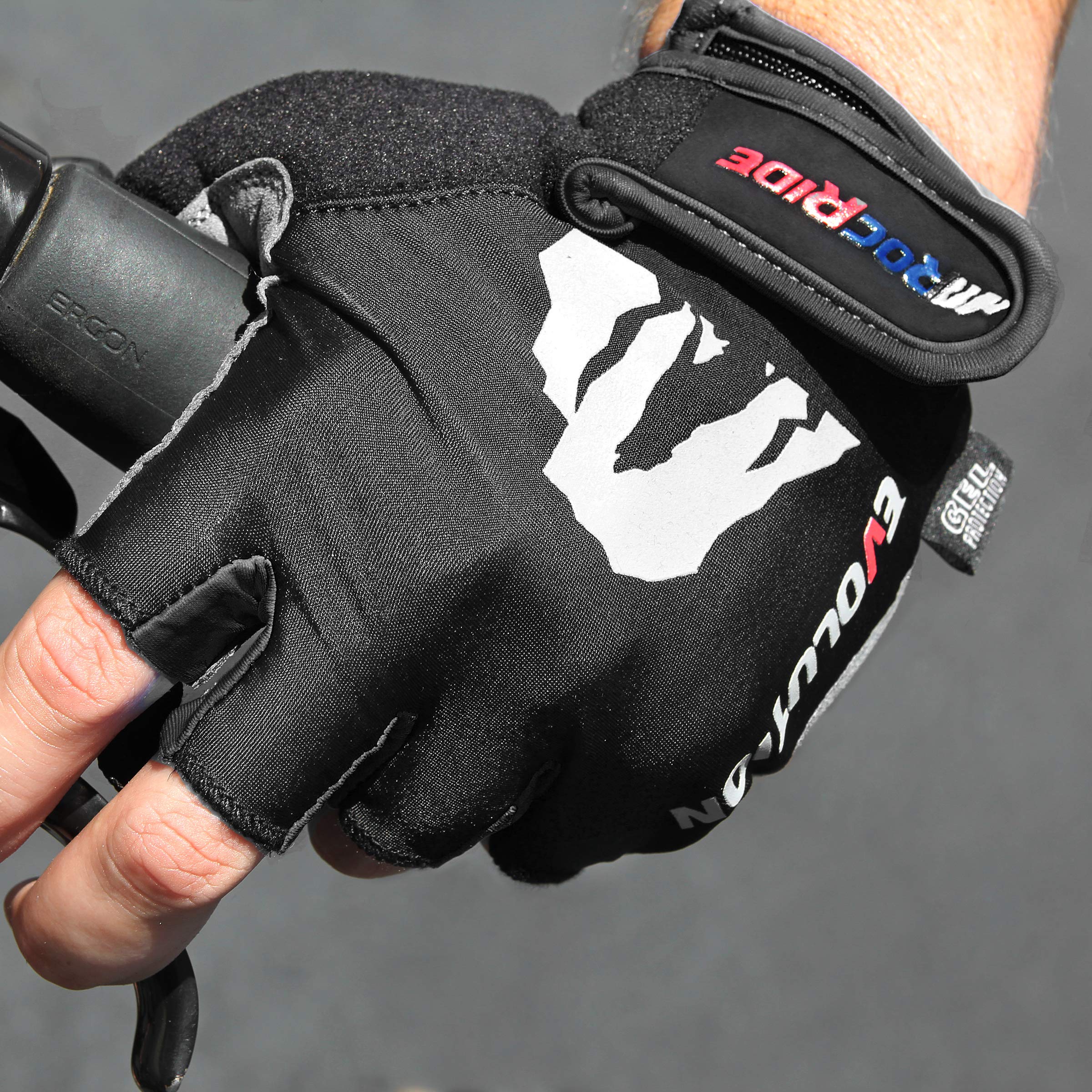 RocRide Cycling Gloves with Gel Padded Protection. Road and Mountain Biking. Half Finger with Pull Tabs. Men, Women and Children Sizes.