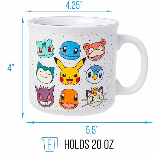 Silver Buffalo Pokemon Bulbasaur, Squirtle, Slowpoke, Snorlax, Pikachu, Piplup, Haunter, Charmander, and Meowth Camper Mug, 20 Ounces