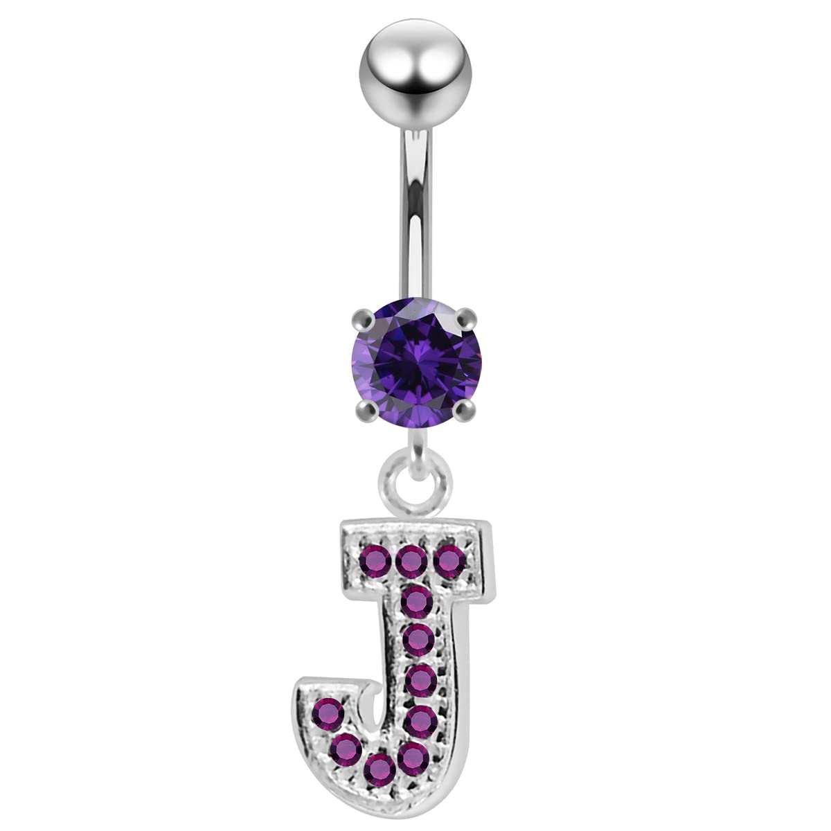 Purple CZ Stone J Alphabet Dangling Design 925 Sterling Silver Belly Button Piercing Ring Jewelry