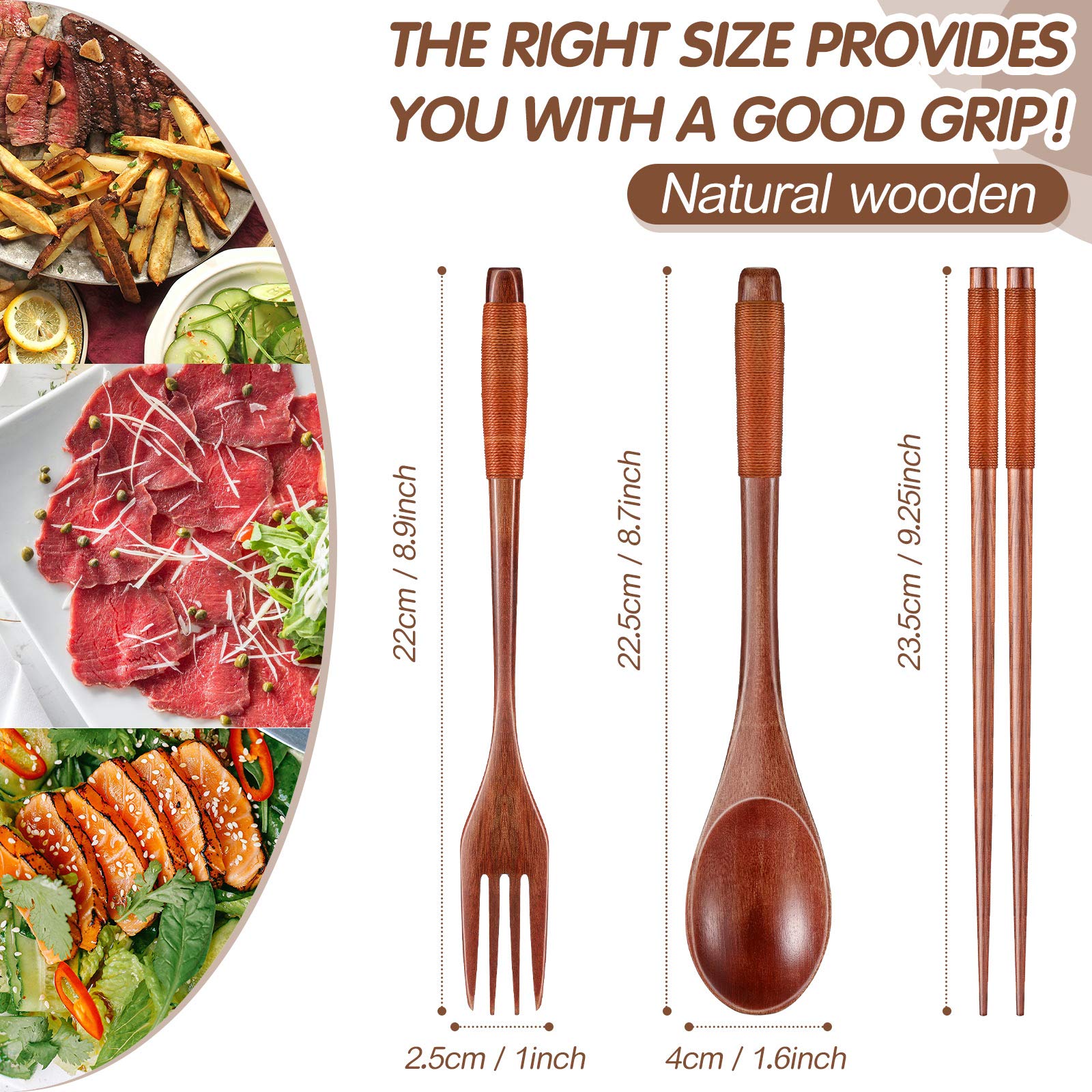 Vesici 24 Pieces Wooden Spoons Forks Chopsticks Set Wooden Flatware Tableware Cutlery Reusable Handmade Travel Flatware Set for Cooking Stirring Eating Mixing