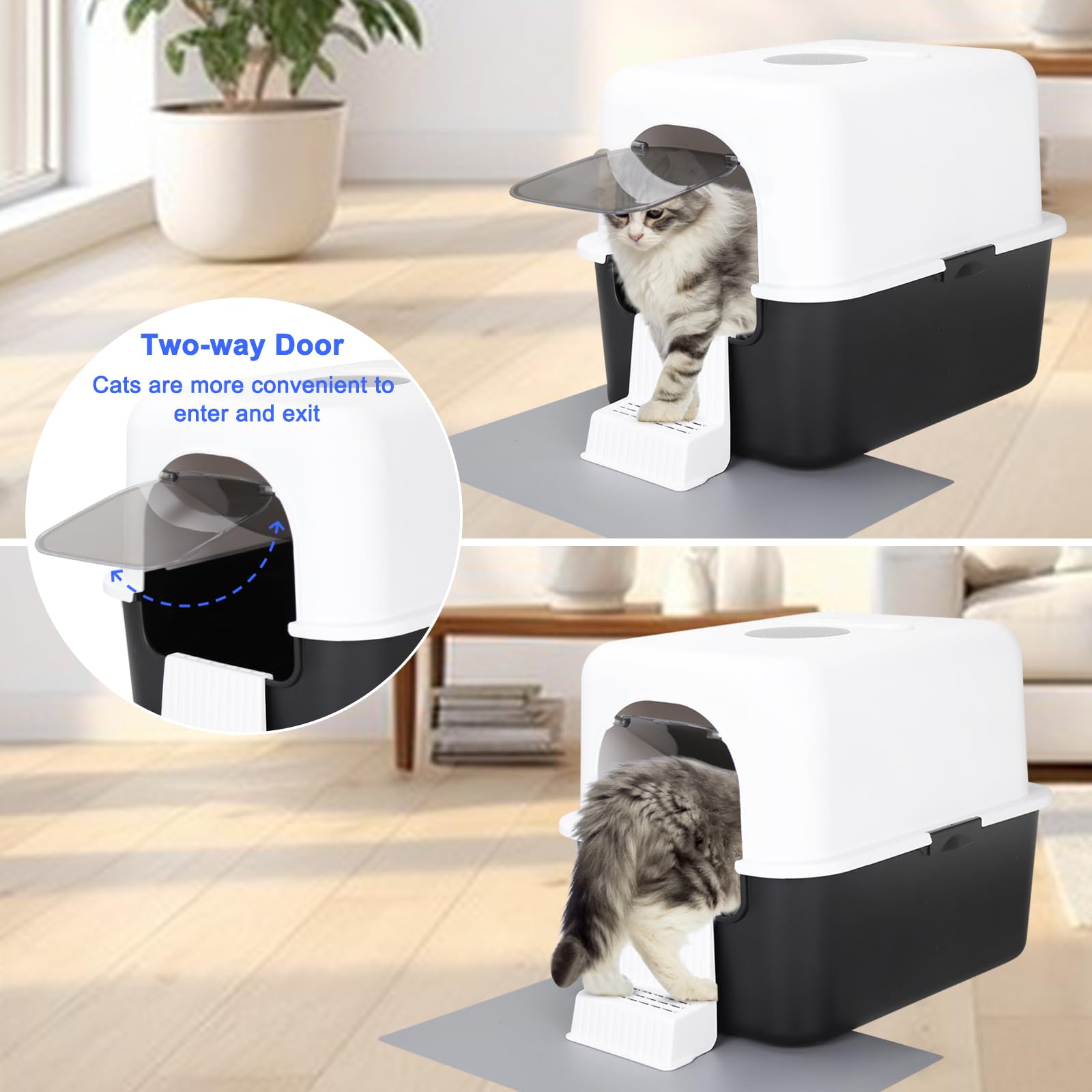 Sfozstra Cat Litter Box with Lid, Fully Enclosed Splash-Proof and Leak-Proof Urine Litter Box, High Edge and Odorless Cat Litter Box, Easy to Installation and Clean (Gray with Handle(L)