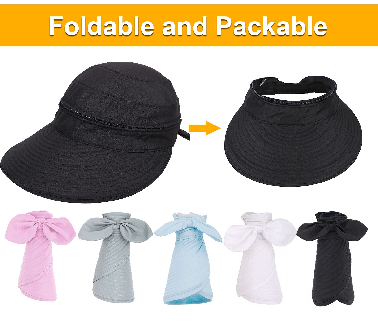 Verabella Womens Beach Hat Summer ๐๐ถ๐ด๐ต๐๐๐ฒ๐ถ๐ด๐ต๐ ๐ฆ๐๐ป ๐ต๐ฎ๐ for Hiking Sun Protection 2 in 1 Visor Sun Protection Hat (Black)
