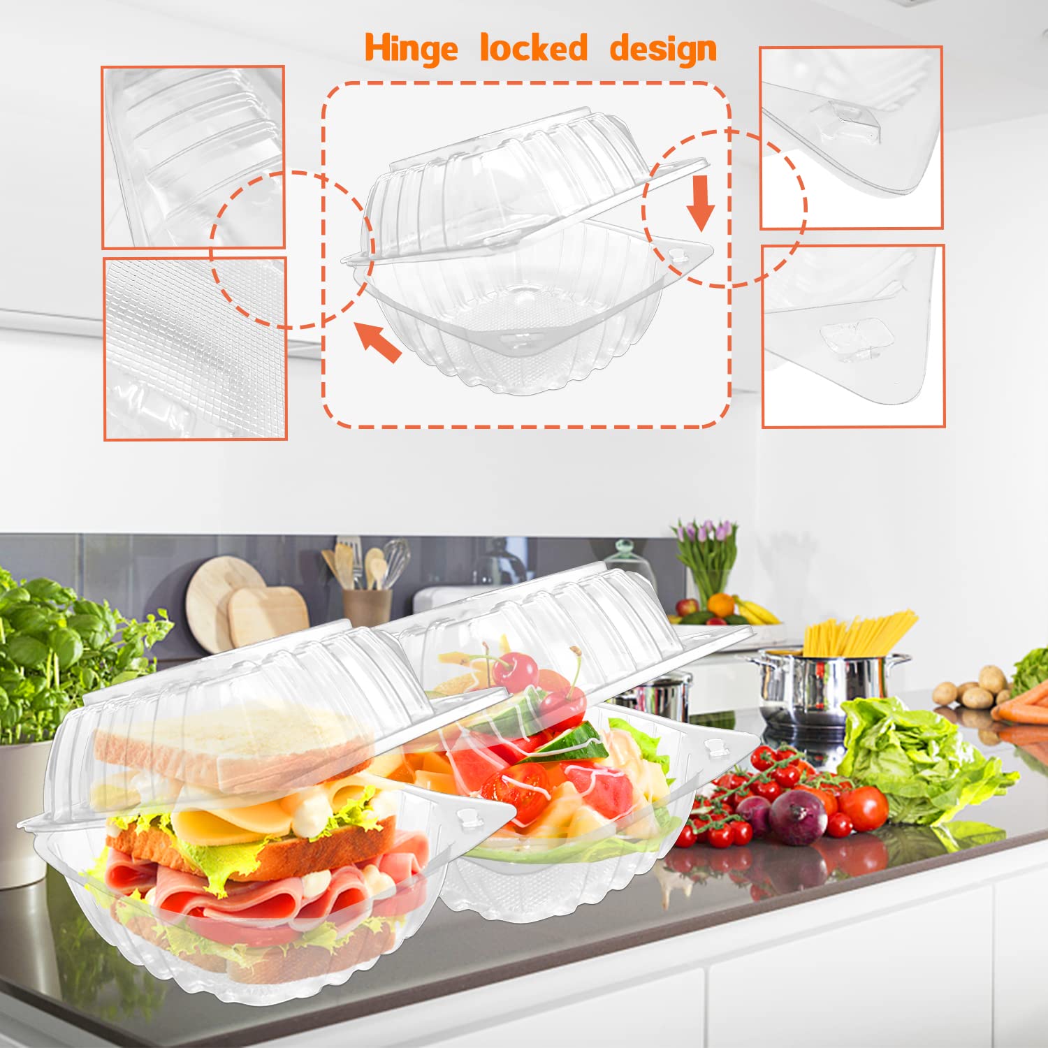 Szsrcywd 100 Pack Clear Hinged Plastic Food Containers,Clamshell Take Out Trays,Dessert Containers To Go Boxes for Salads,Pasta,Sandwiches,Cookie,5.7 x 5.7 x 3.4 Inch