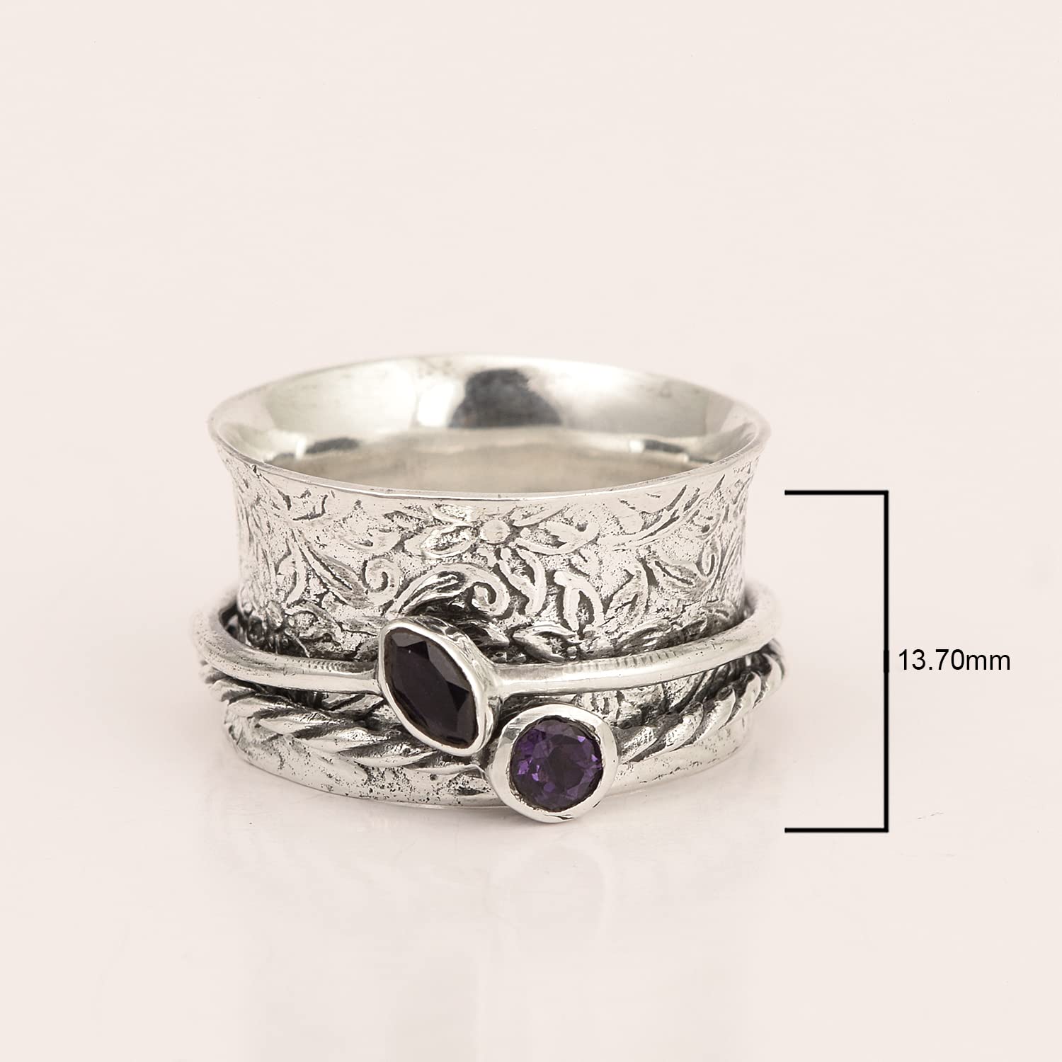 Shine Jewel Spinner Ring with Gemstones 925 Sterling Silver Fidget Band Meditation Ring for Men Women Anxiety Stress Relieving (Purple Amethyst, 8)