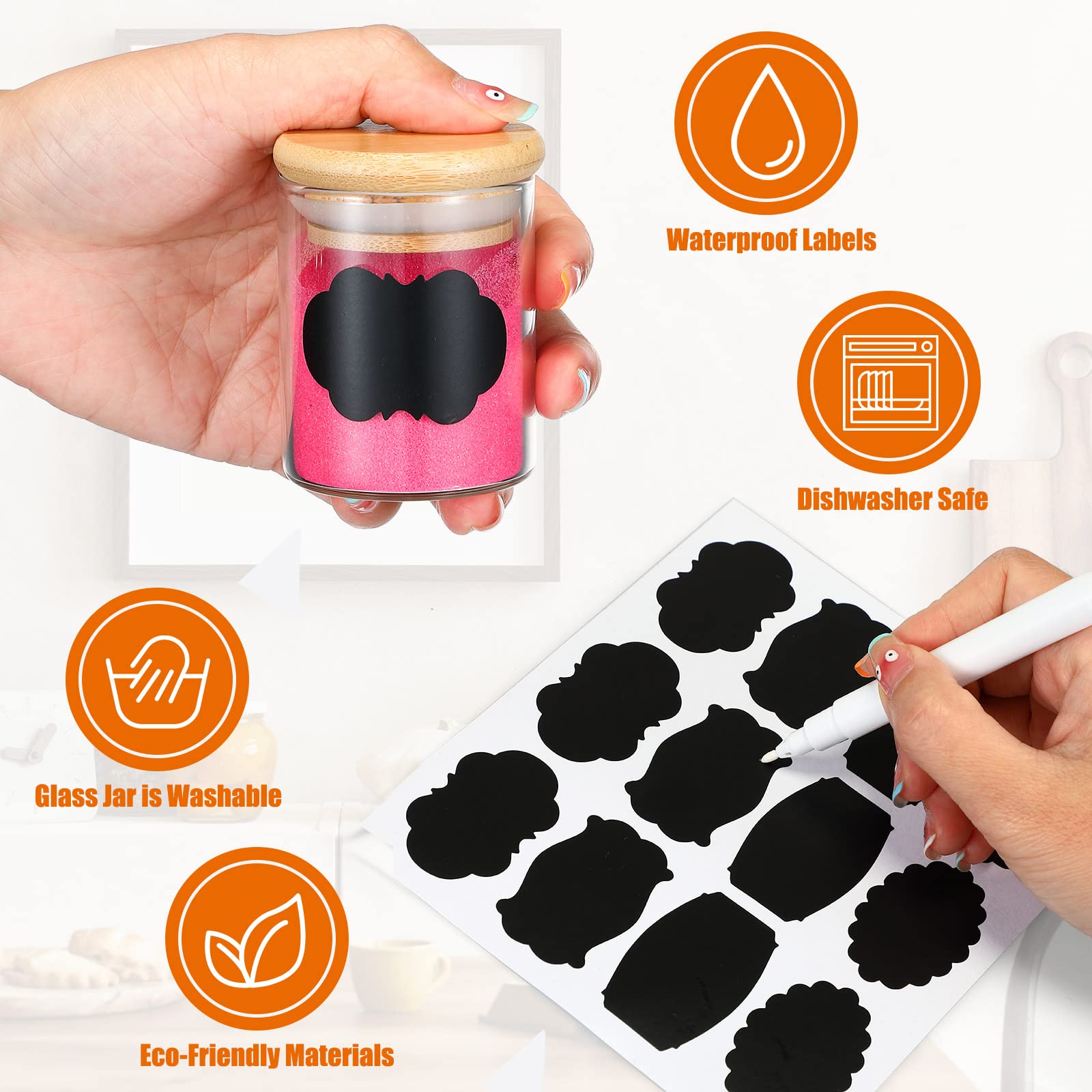 Roshtia Glass Spice Jars with Bamboo Airtight Lids Labels and Chalk Marker Food Storage Container Clear Spice Storage Bottle for Kitchen, Spice, Herbs, Seasoning, Seed, Tea, Sugar (12 Pcs,2.5 oz)