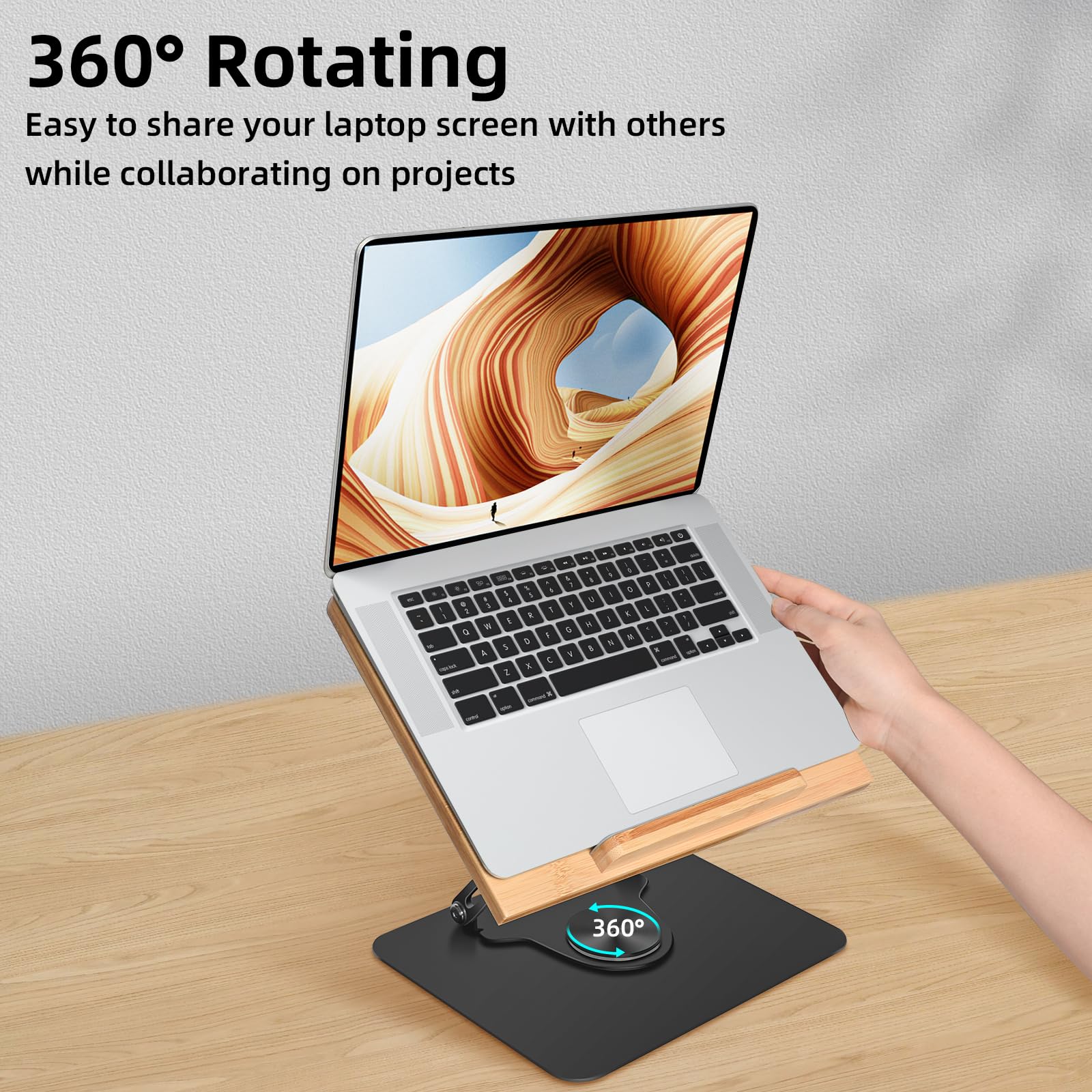 wishacc Adjustable Laptop Stand with 360 Rotating Base, Computer Stand for Laptop Ergonimic Foldable Laptop Riser for Desk Compatible with MacBook Pro/Air up to 16", Bamboo Wood(11.0 x 8.1 inches)