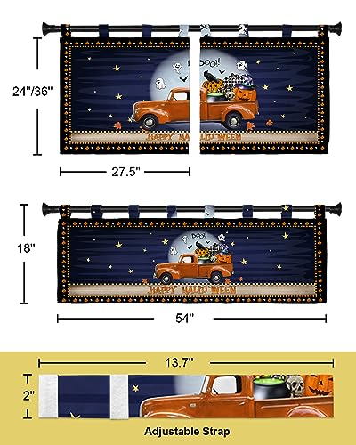 Tab Top Curtain Valance and Tiers Set,Halloween Truck Pumpkin Ghost Face Plaid Black Light Filtering Kitchen Curtains Valances,Crow Skull Bat Maple Leaf Cafe Window Treatment Drapes for Bedroom