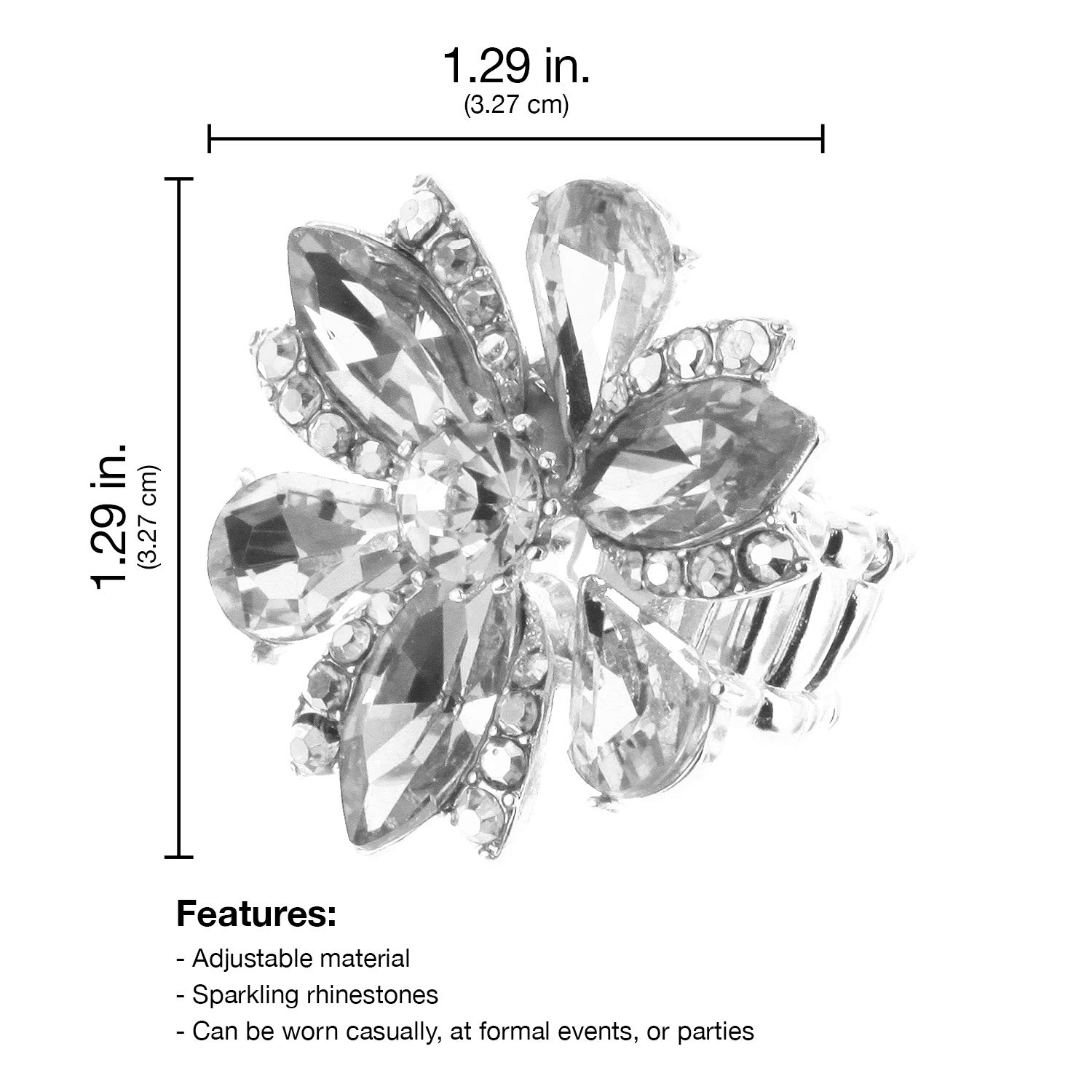 SP Sophia Collection Five Petal Flower Stretch Adjustable Ring Embellished with Round Marquise and Tear Drops in Silver