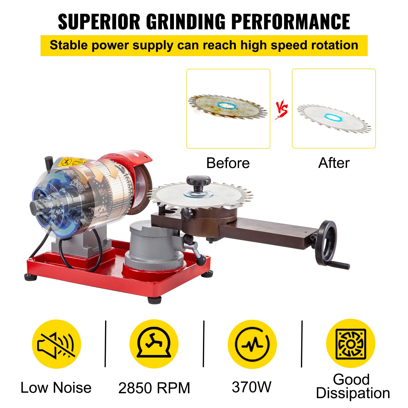 VEVOR Round Circular Saw Blade Grinder Machine 110V 370W Rotary Angle Mill Sharpener 125mm Electric Saw Blade Sharpener Machine for Sharpening Carbide Tipped Saw Blades (W/Water Tank)