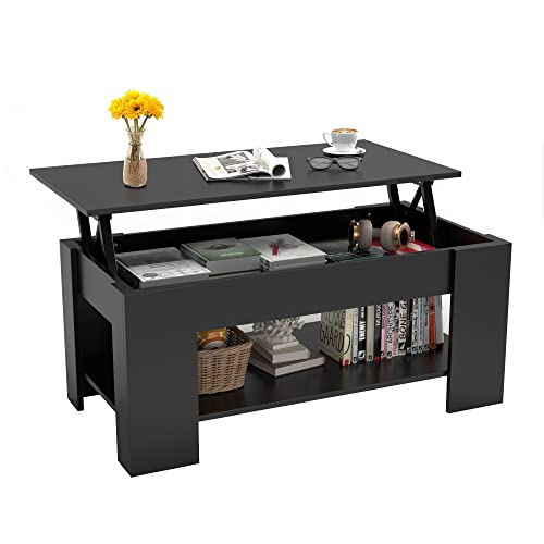 SUPER DEAL Lift Top Coffee Table with Hidden Compartment and Storage Shelves, Modern Rising Tabletop Dining Table with Sturdy Metal Frame for Living Room Reception Room, 38.5 in L, Black