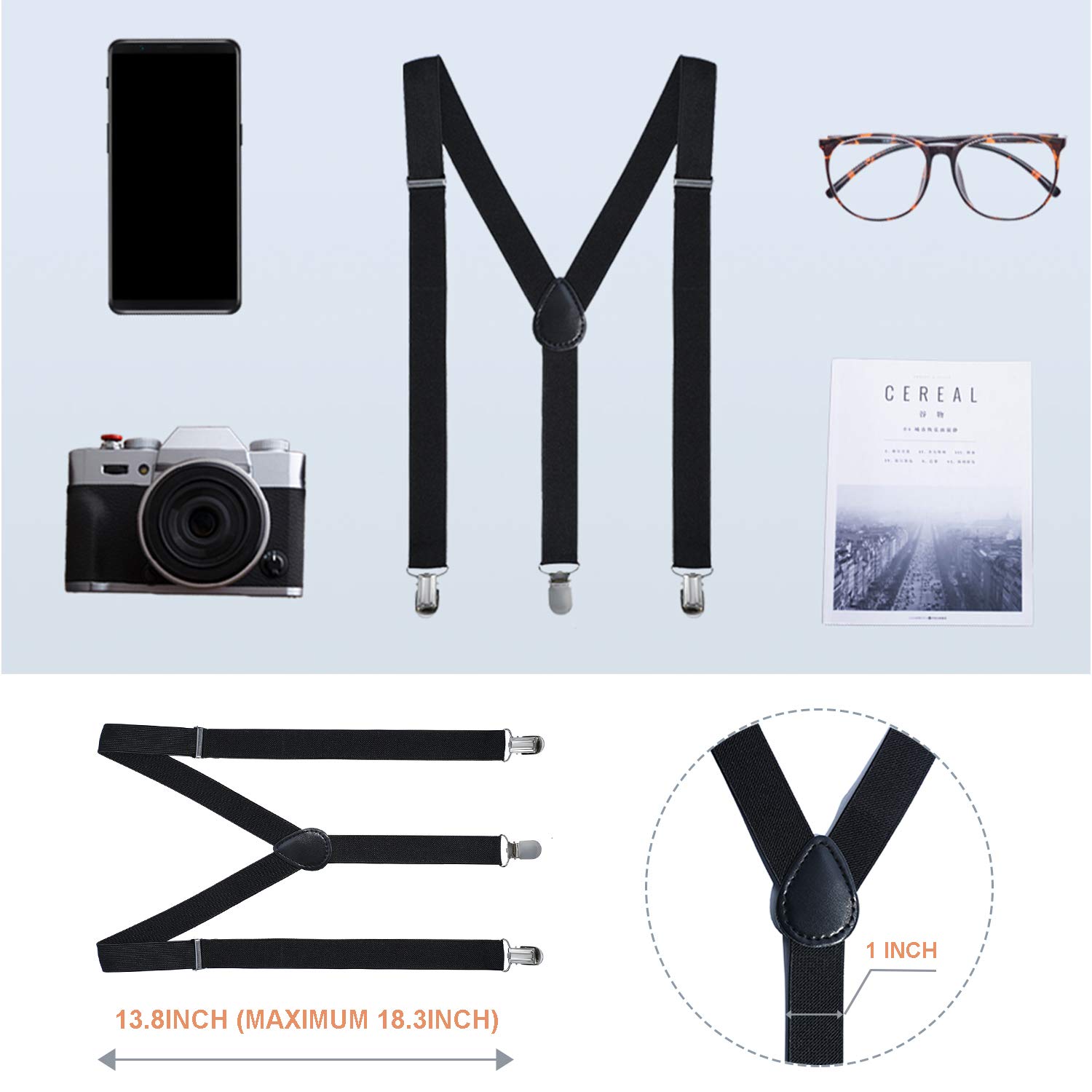 Wizland Men's Suspender Adult Suspender Solid Straight Clip Adjustable Suspender Wide Band with Heavy Duty Metal Clips Y-White Gray