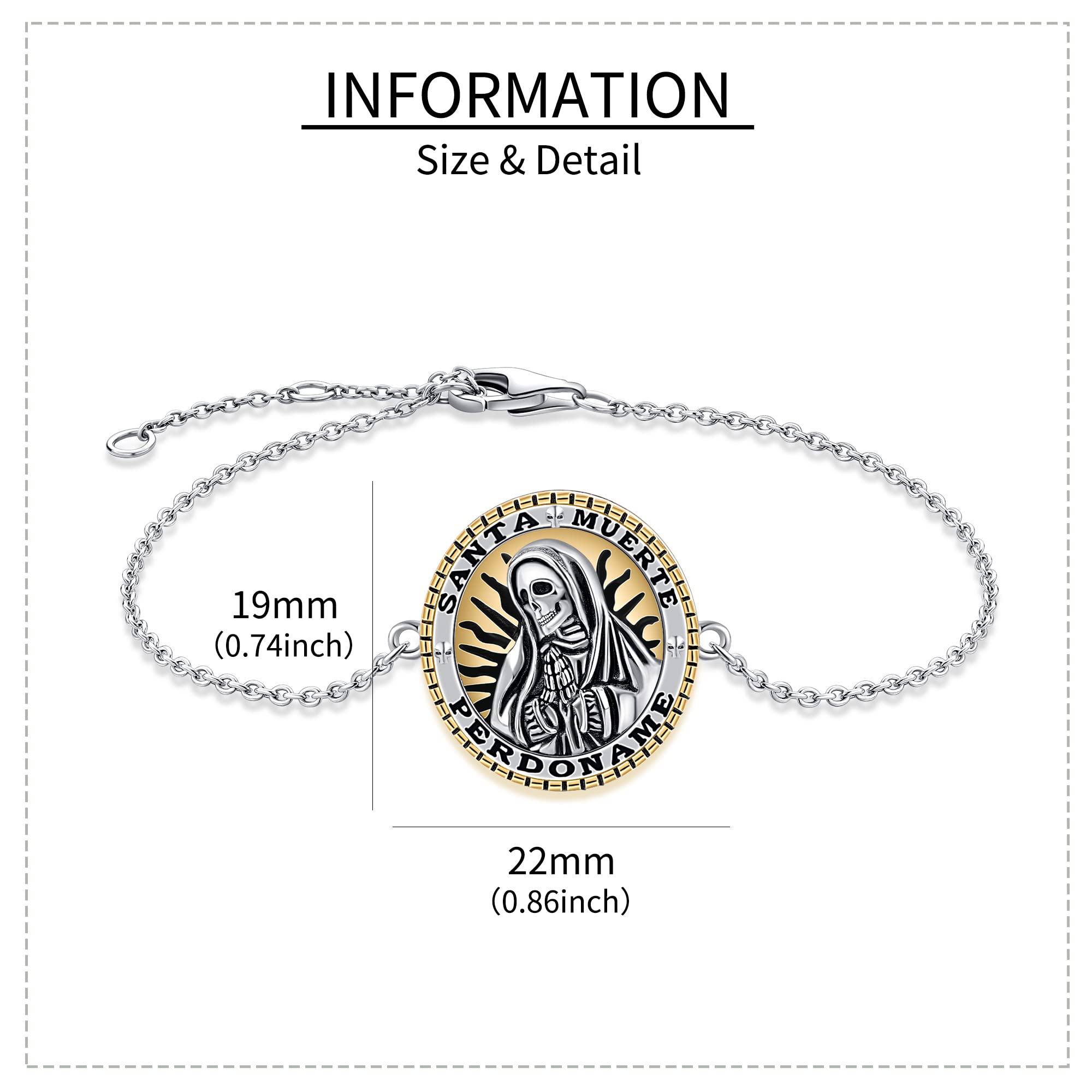 YAFEINI Santa Muerte Bracelet 925 Sterling Silver Death Charm Jewelry For Women
