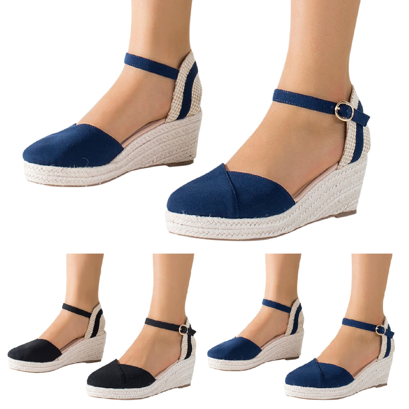 Women Sandals Summer New Pattern Linen Fashion Round Toe Thick Sole Wedge Comfortable Non Womens Lace up Sandals Size 11 (Blue, 6.5)