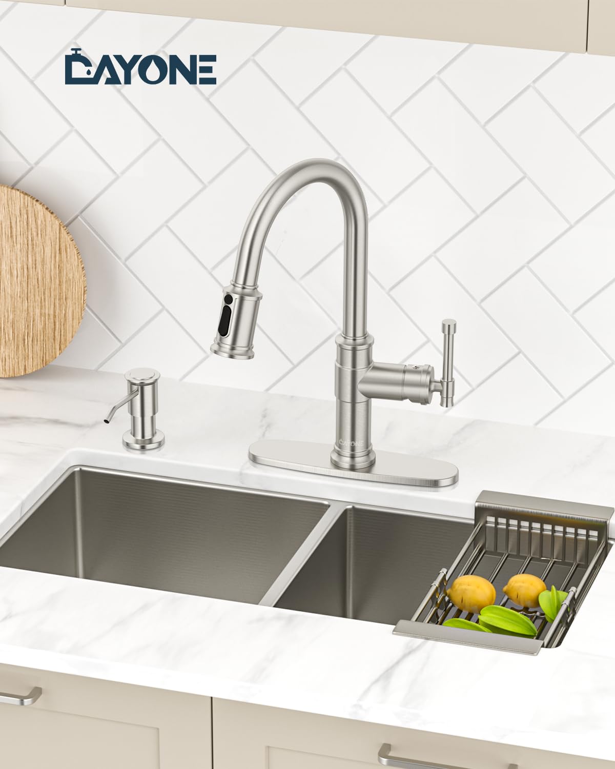 Pull Down Kitchen Faucet with Sprayer Brushed Nickel, DAYONE Single Handle Antique One Hole High Arc Pull Out Kitchen Sink Faucets with Soap Dispenser,APS136BN