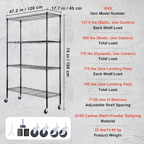 VEVOR Storage Shelving Unit, 4-Tier Adjustable Storage Shelves, 48" L x 18" W x 74" H Garage Storage Shelves, Metal Shelves with Wheels for Kitchen Pantry Basement Bathroom Laundry