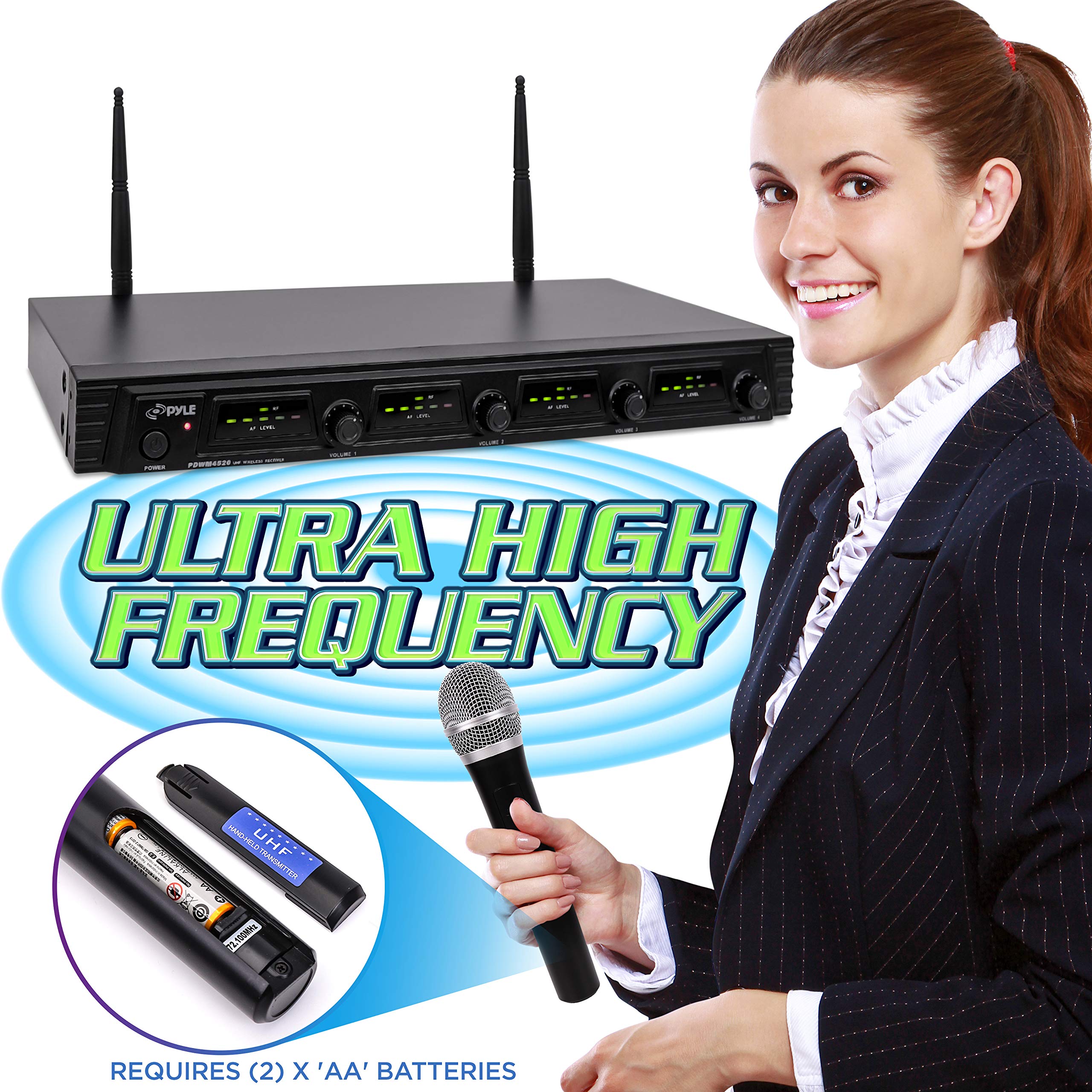 Pyle 4 Channel Wireless Microphone System-Portable UHF Audio Set with XLR Jack-4 Handheld Dynamic Mic, Receiver, Dual Antenna, Power Cable Adapter-for Karaoke, PA, DJ Party Pro PDWM4520