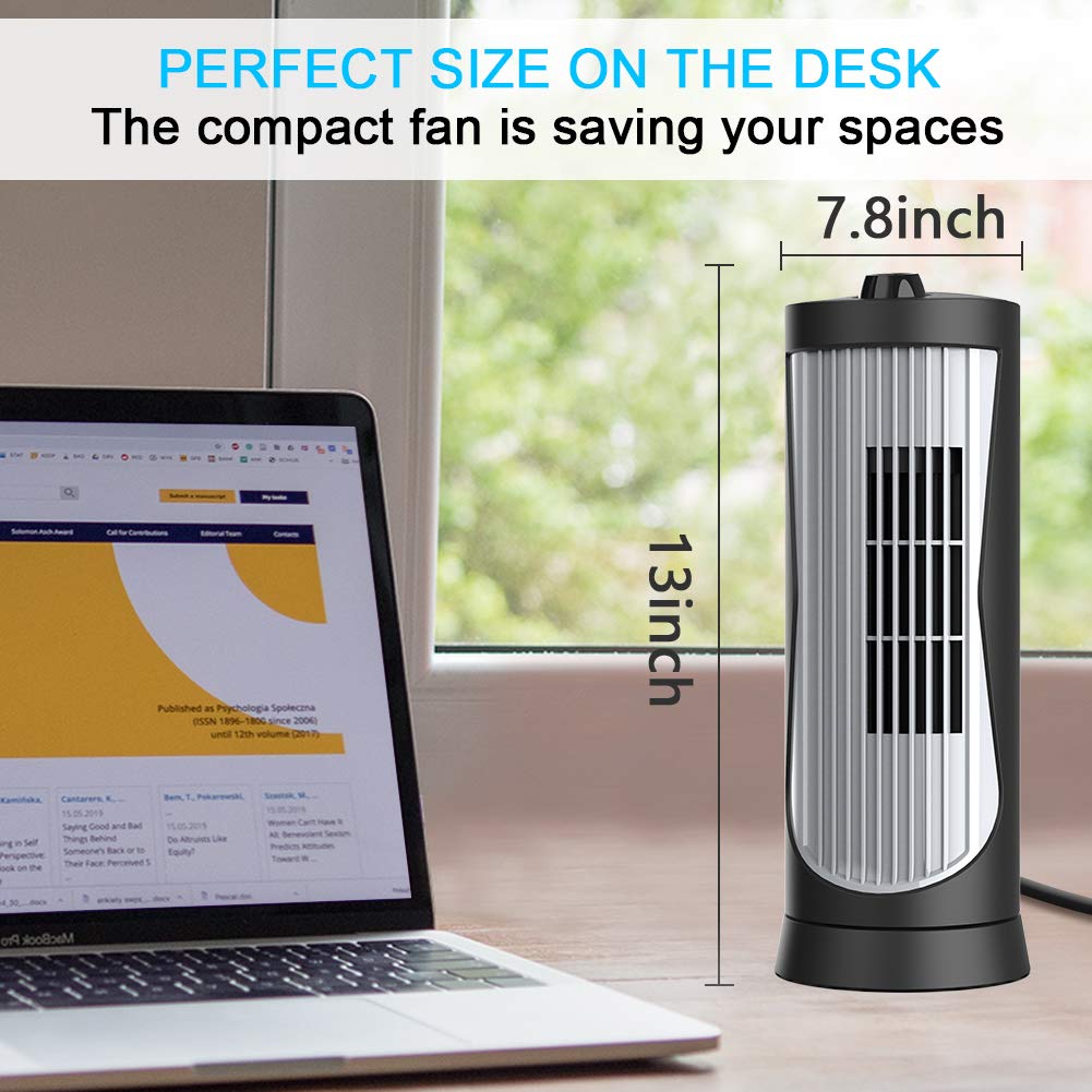 Small Tower Fan, Cooling Fan, 13 inch Desk Fan Electric Oscillating Tower, 2 Settings, Turbine Technology, Rotating Standing Fan for Home Office Tabletop