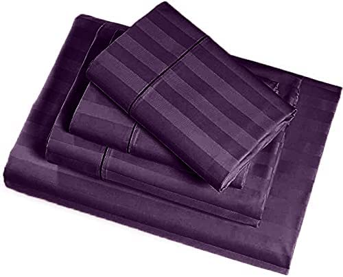 VKRISH 400 Thread Count Queen Size Cotton Sheet Set 4 Piece Damask Striped Sheets 100% Cotton Cooling Plum Bed Sheets Luxury Sateen Weave Hotel Quality, 16" Deep Pocket, Oeko-Tex Certified