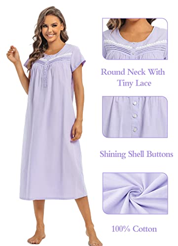 QRRLUEN Women's Nightgown Short Sleeve Cotton Mid Length Sleepwear Soft Comfy Button Loungewear Night Dress lilac colour