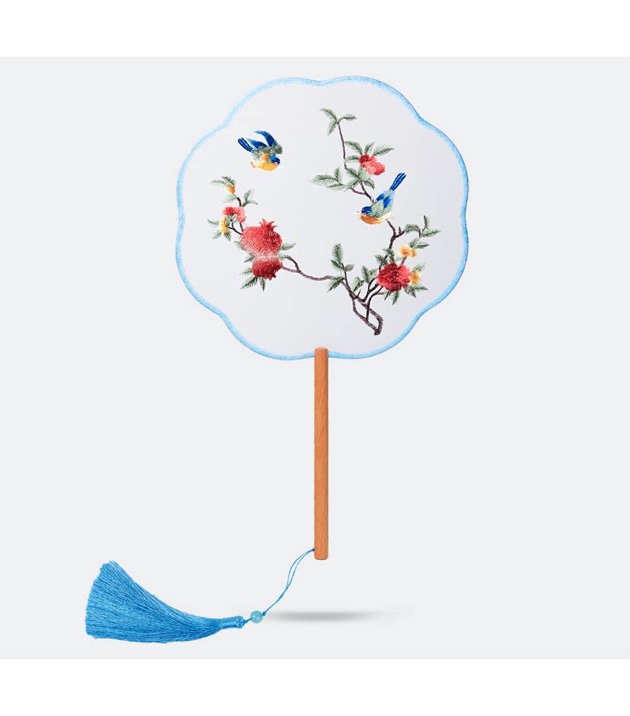 YUELAI Chinese Fan Embroidery Hand Circular Fan, China Ancient Dance Translucent Silk Round Fan Birds and Flowers