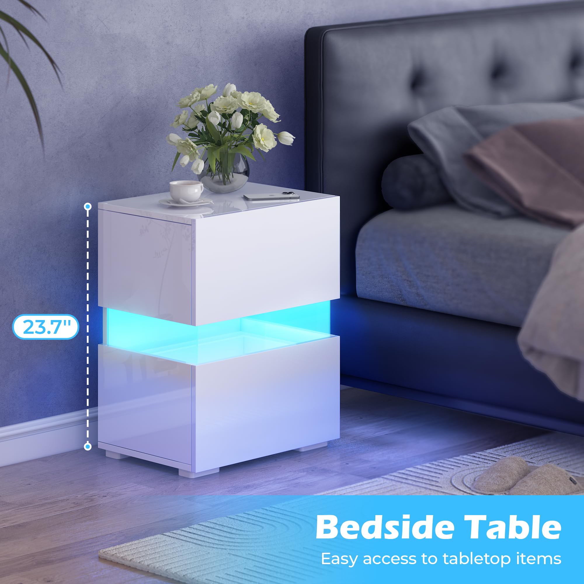 SUPERJARE LED Nightstands Set of 2, Bedside Tables with LED Lights, Night Stands with High Gloss Drawers, Remote, End Tables Side Tables, for Bedroom - White