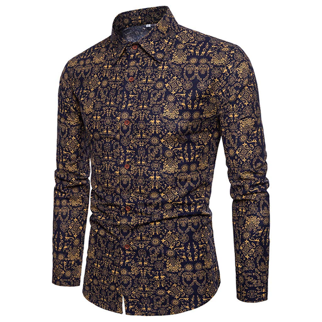 VEZAD Men's Ethnic Style Printed Cotton And Linen Long-Sleeved Shirt + Pants Suit Medium(CN) B Black