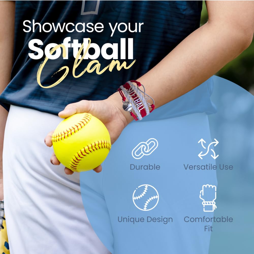 Softball Charm Bracelet (Red/White) Bracelets, Adjustable Bracelet with Softball Charm. Braided Bracelets for Softball Players, Softball Team, and Coaches - by SPORTYBELLA
