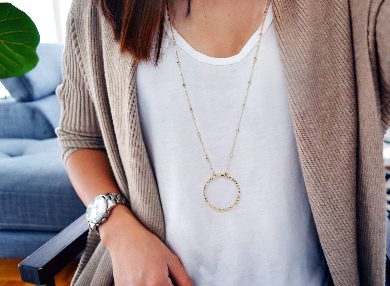 SOFYBJA Hammered Karma Open Circle Pendant Necklace Long Satellite Beaded Chain 18K Gold Plated Jewelry for Women