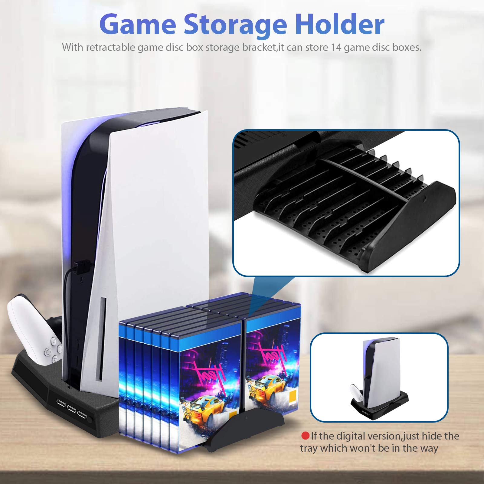 Vertical Stand for Playstation 5 with Cooling Fan Charging Station for PS5 Digital Edition/Ultra HD Console with Controller Charger Game Rack Storage Organizer 3 USB Ports for PS5 and DualSense