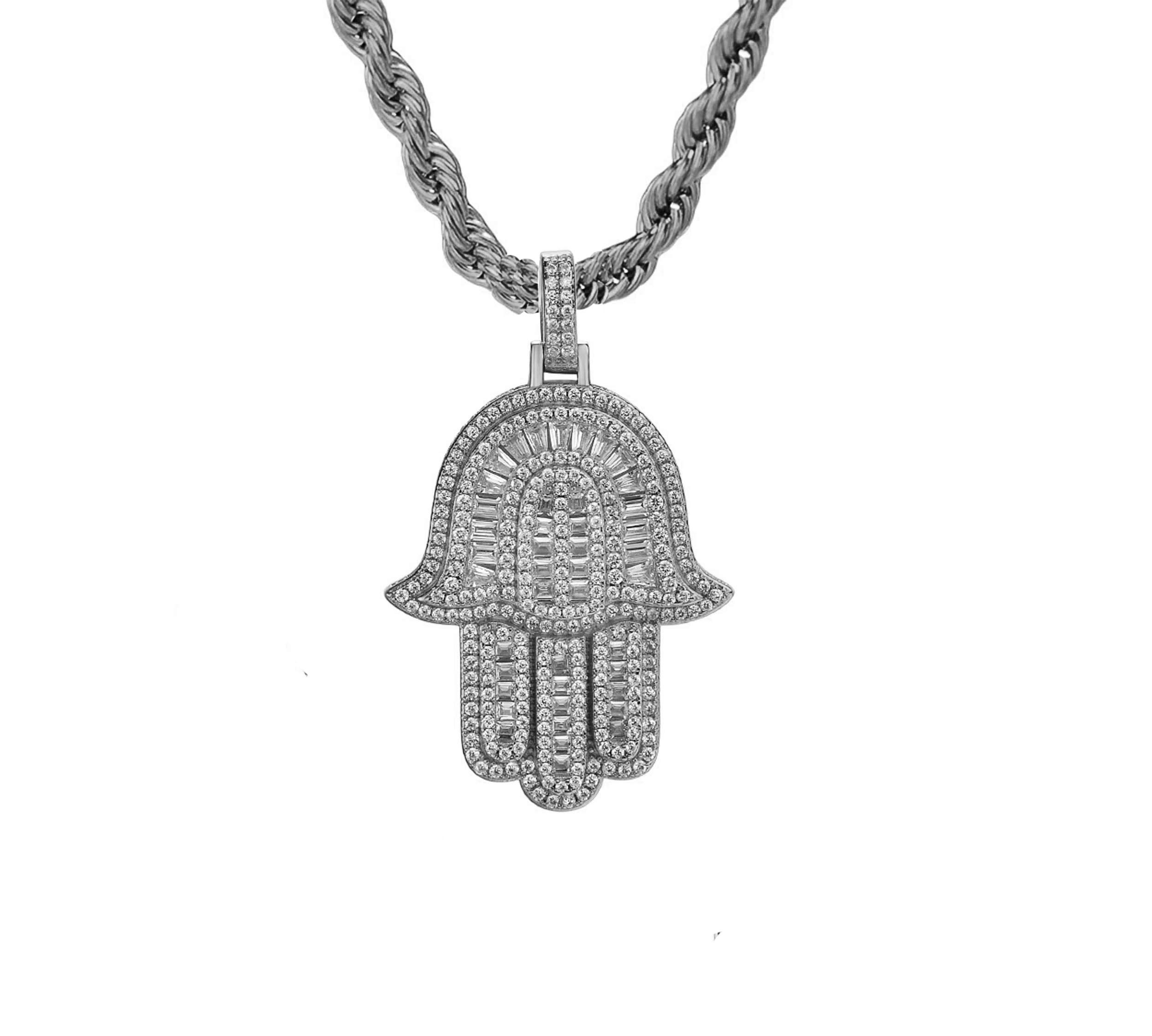 Shop-iGold Men's Hamsa Evil Eye Protector Men Women 925 Italy White Gold Finish Iced Silver Charm Pendant Stainless Steel Real 3 mm Rope Chain, Mans Jewelry, Iced Pendant, Rope Necklace 16"- 24" (24)