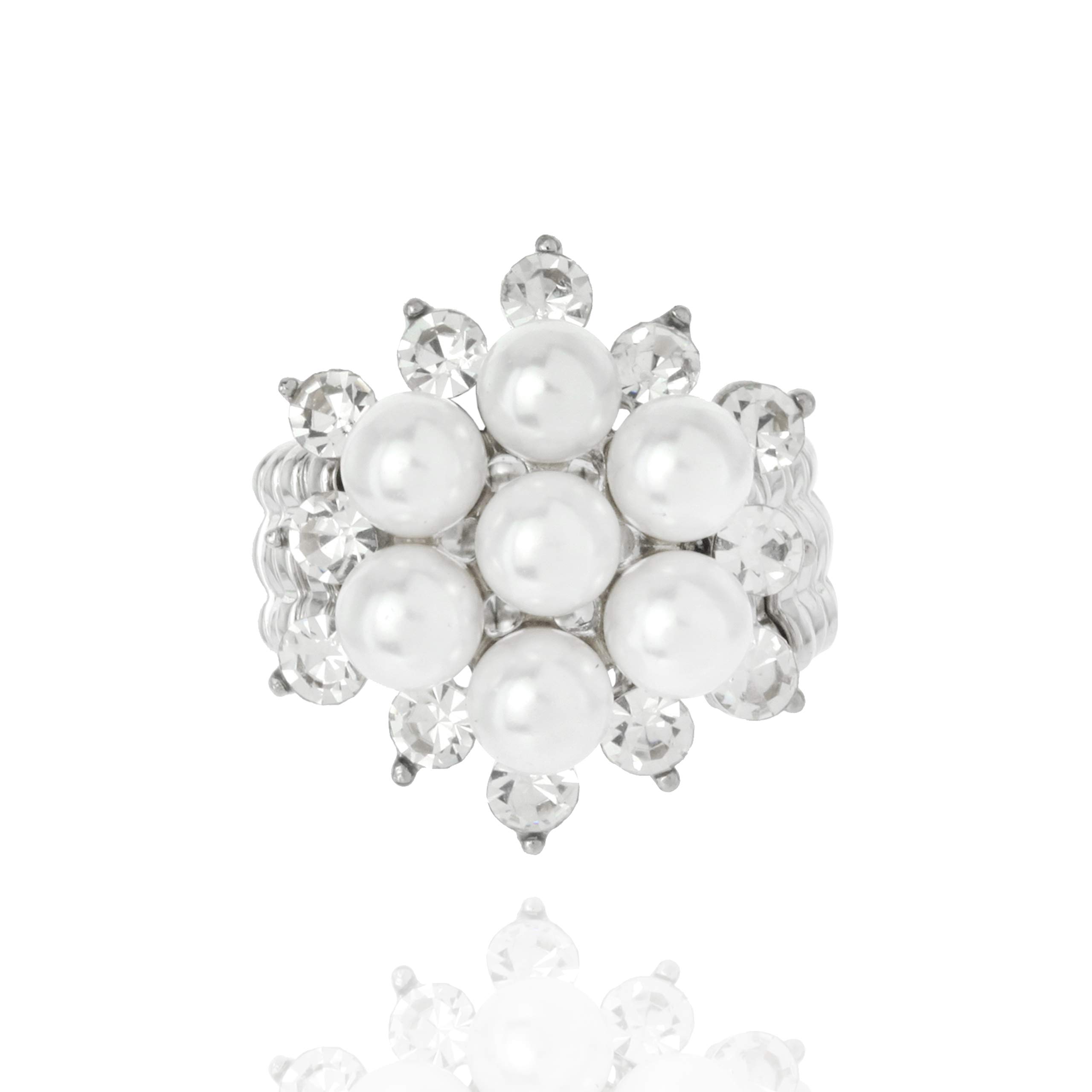 SP Sophia Collection Women's Elegant Pearl and Rhinestone Floral Cluster Stretch Ring