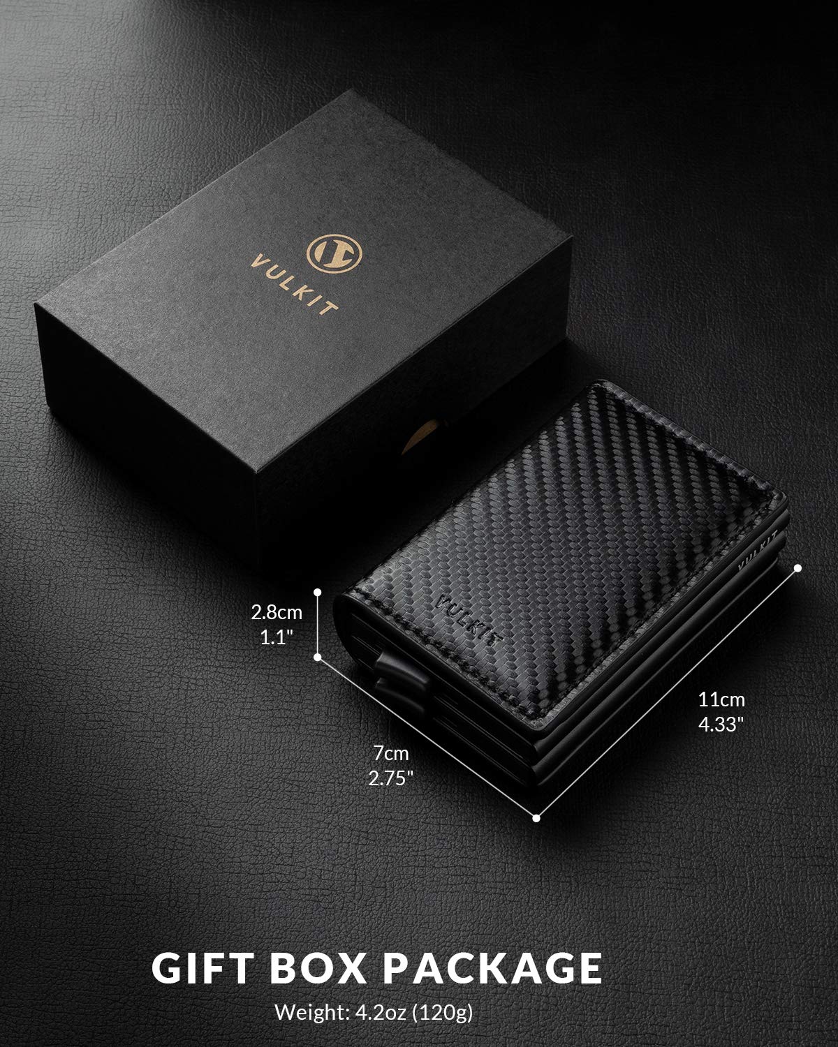 VULKIT Pop Up Wallet Automatic Leather Slim Credit Card Holder RFID Blocking Metal Double Card Case for Men and Women Carbon Fiber Black
