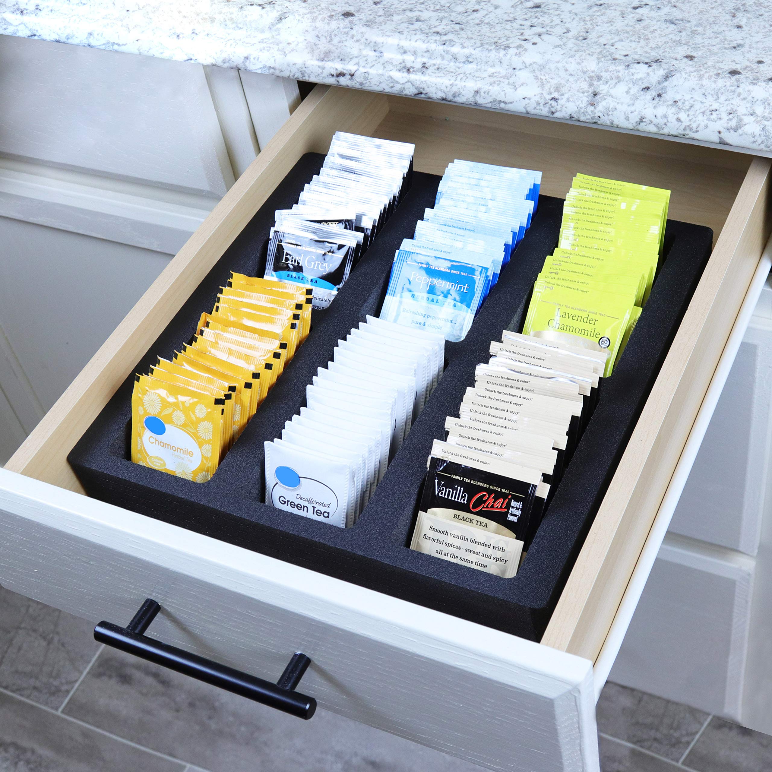 Polar Whale Tea Bag Storage Deluxe Organizer Tray Drawer Bin Insert for Kitchen Home Office Condiments Packets Waterproof Washable Black Foam 6 Compartment 12.5 X 12.5 Inches