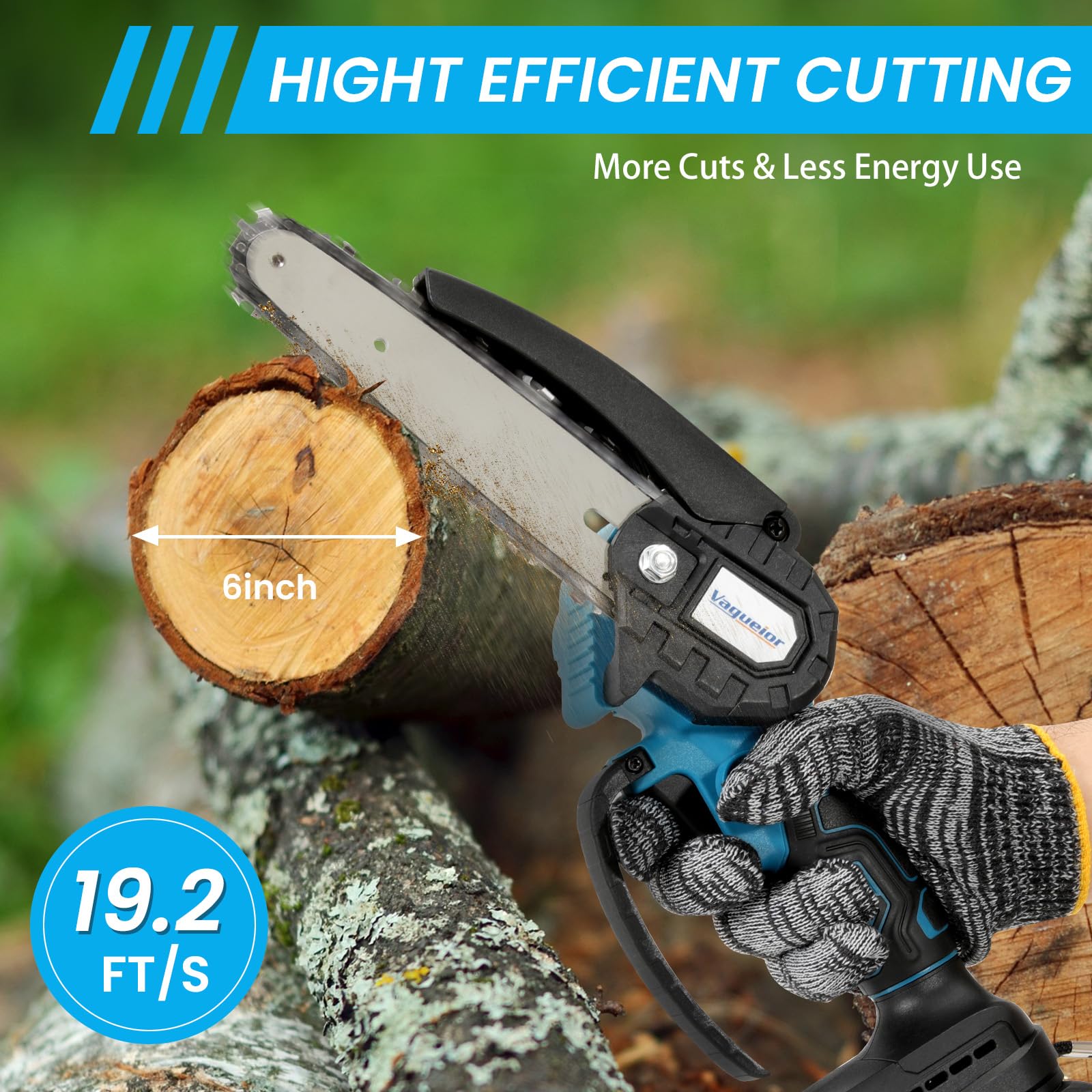VAGUEIOR Mini Cordles Chainsaw, Handheld Convenient Chainsaw, 6 Inches, With Two 21V 4.0AH Large Battery And Charger, Suitable For Tree Pruning And Cutting,(BLUE, 2 Battery)
