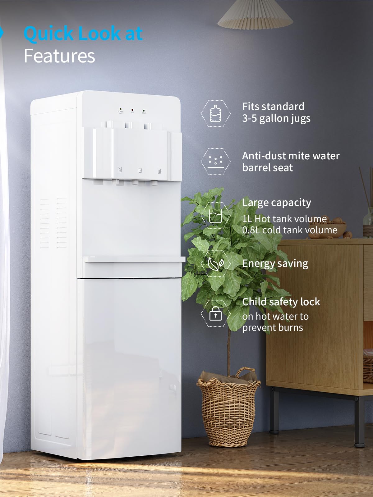 Tabu Bottom Loading Water Cooler Dispenser, Hot & Cold Holds 3 or 5 Gallon Bottle, with Anti-Scalding Design, Storage Cabinet and Child Safety Lock for Home, Office Use (White)