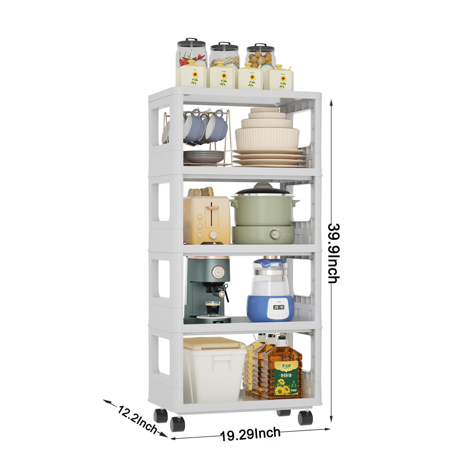 Rolling Storage Cart - Multifunctional Storage Shelve Laundry Room Organization, Bathroom Storage Shelf, Movable Storgae Cart for Home & Office White (4-Tier)