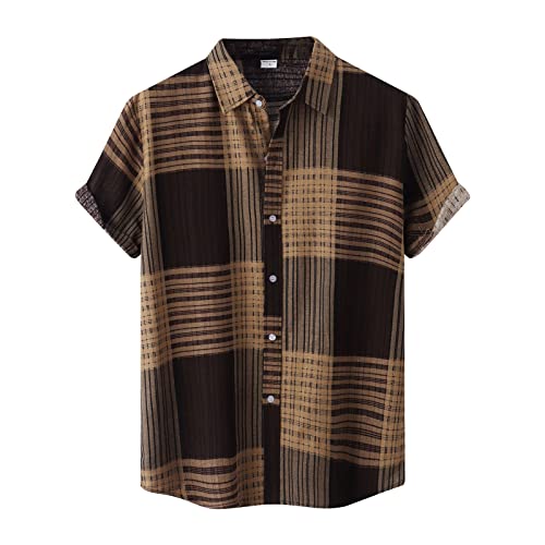YYQXIiyty Men's Slim-Fit Blouses V-Neck Casual Formal Beach Dress Shirts Short Sleeve Button Down Open Front Shirts Brown