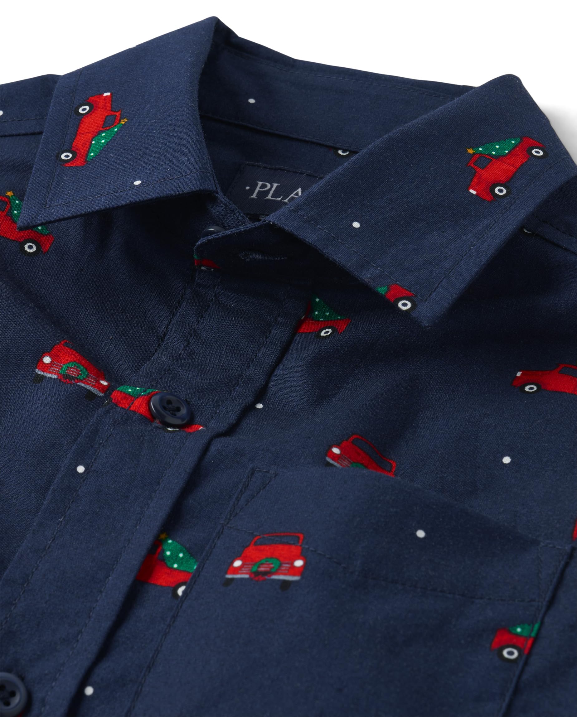 The Children's Place Boys' Long Sleeve Poplin Button Down Shirt, Christmas Truck Print, Medium