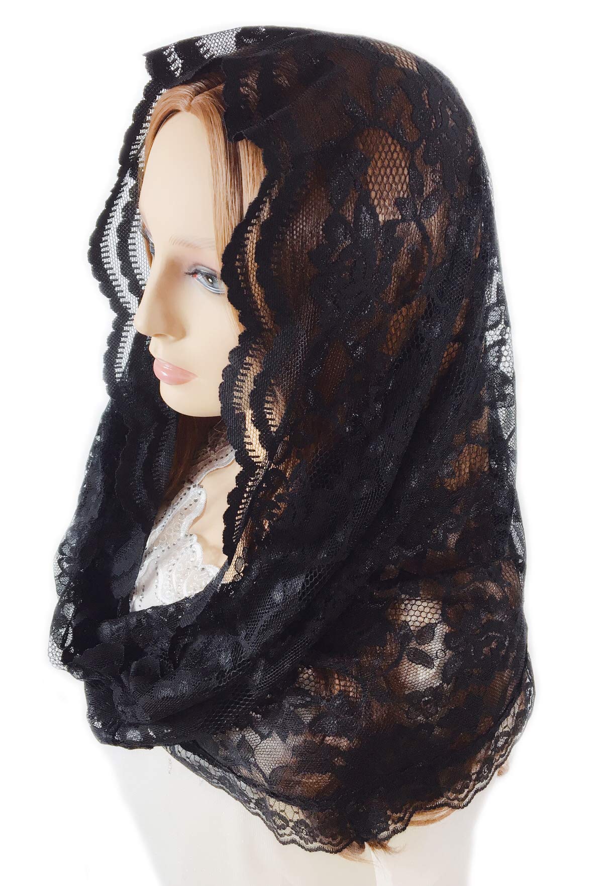 PAMOR Infinity Chapel Veil Floral Latin Mass Head Covering Lace Scarf Mantilla Veils for Church (Black)