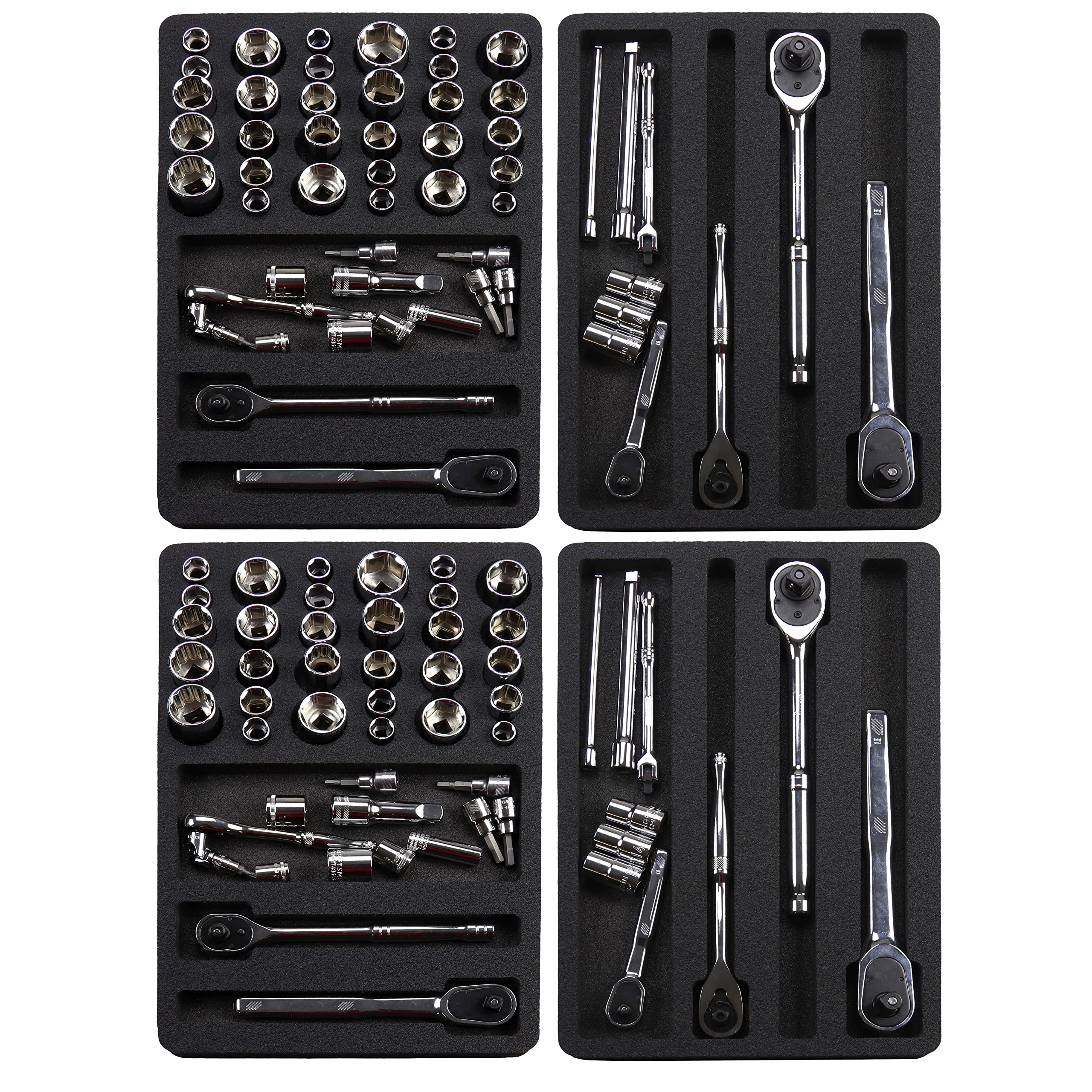 Polar Whale Tool Drawer Organizer 4-Piece Ratchet and Socket Insert Set Black Durable Foam Holds Many Tools 15 x 10 Inch Trays Fits Craftsman Husky Kobalt Milwaukee Many Others