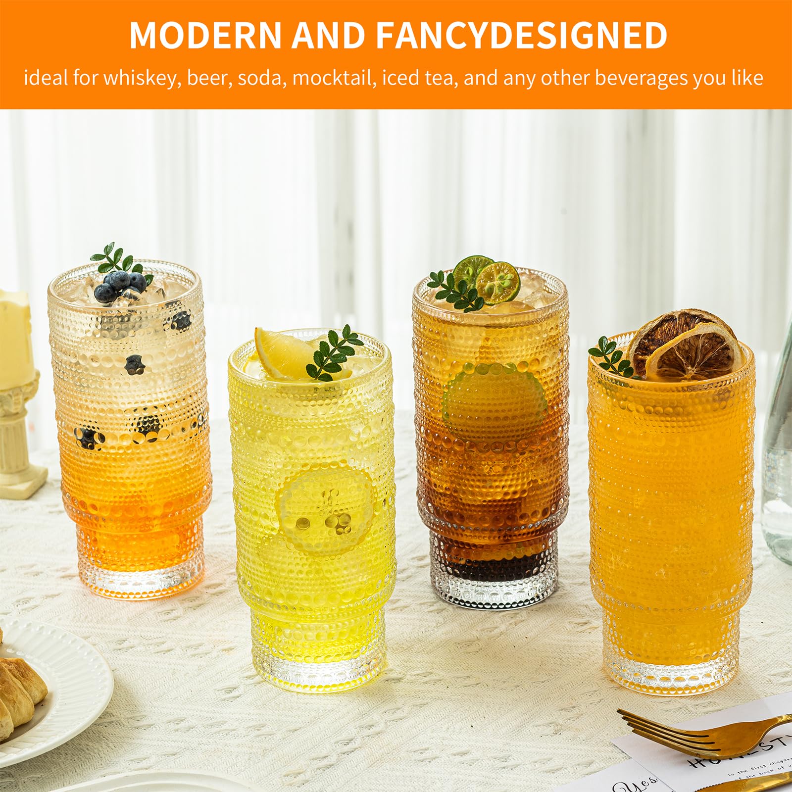 Romantic Highball Drinking Glasses Set of 4, Beaded Glassware, 16oz XL Hobnail Glassware, Vintage Glassware Set, Embossed Vintage Drinking Glasses for Beer, Cocktail, Soda, Beverage (16oz with lid)