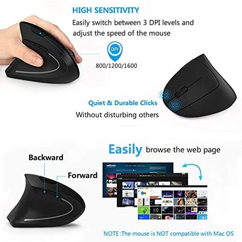 Rechargeable Left Handed Cordless Mouse, Left Ergonomic Wireless Mouse - 2.4G Left Hand Vertical Mice with USB Nano Receiver, 6 Buttons, Adjustable DPI 1000/1200 /1600, Less Noise - Black