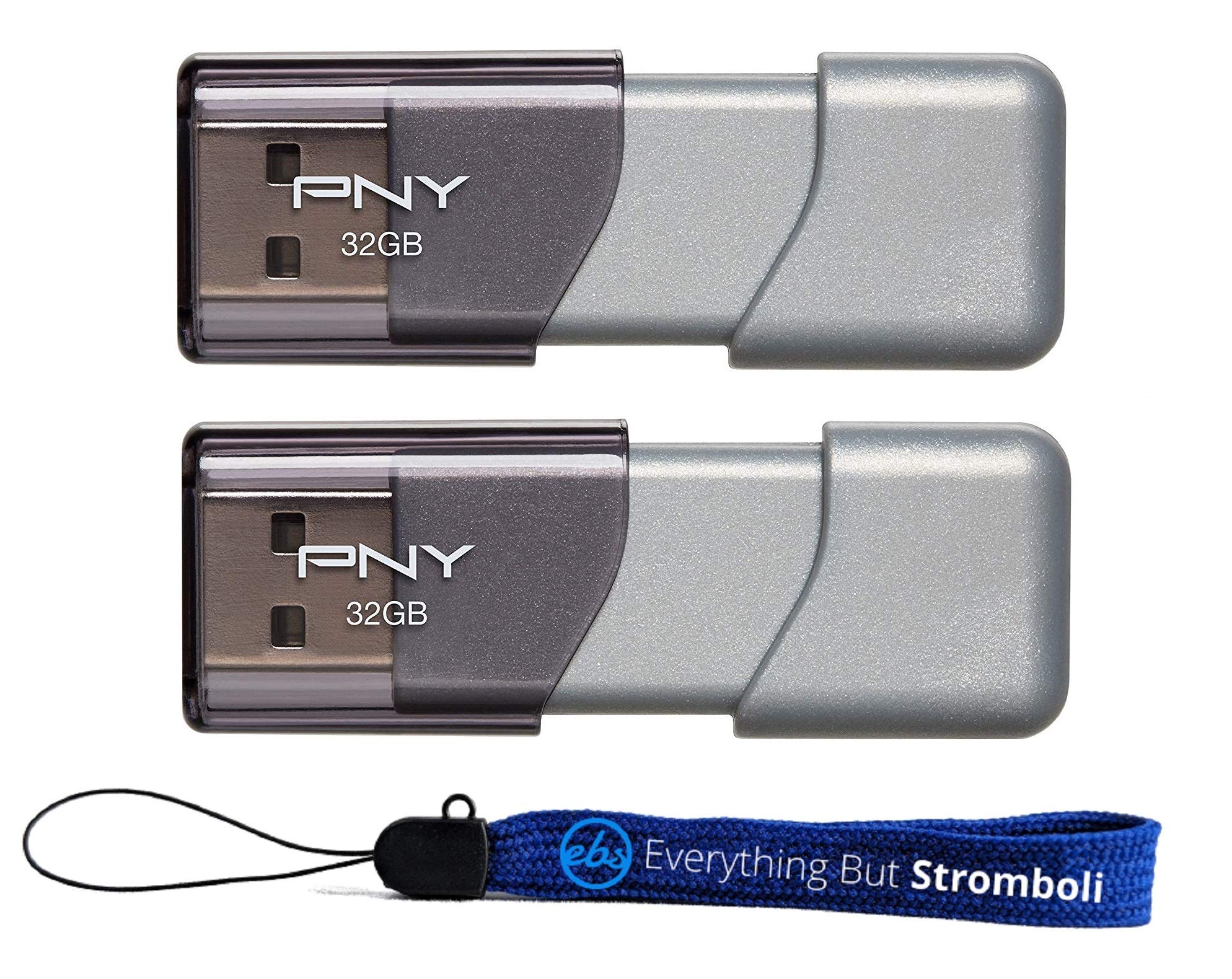 PNY USB 3.0 Flash Drive Elite Turbo Attache 3 Two Pack Bundle with (1) Everything But Stromboli Lanyard (32GB 2 Pack, Gray)