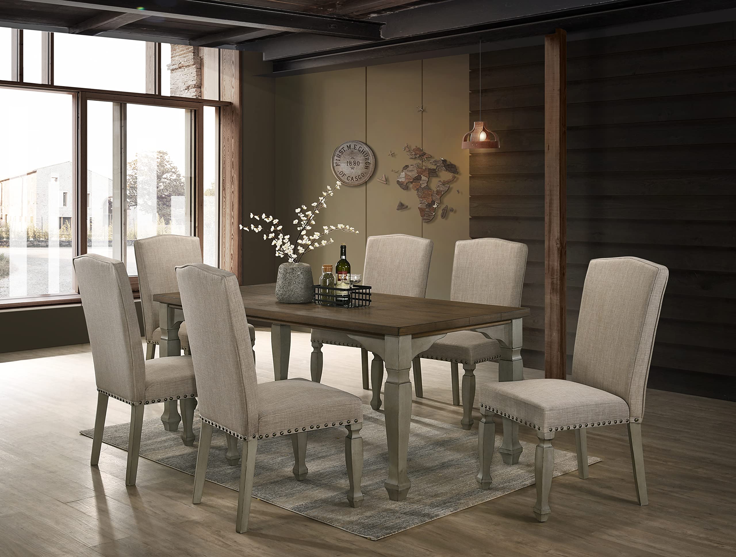 Roundhill Furniture Breda 7-Piece Wood Dining Set, Antique Gray and Dark Oak