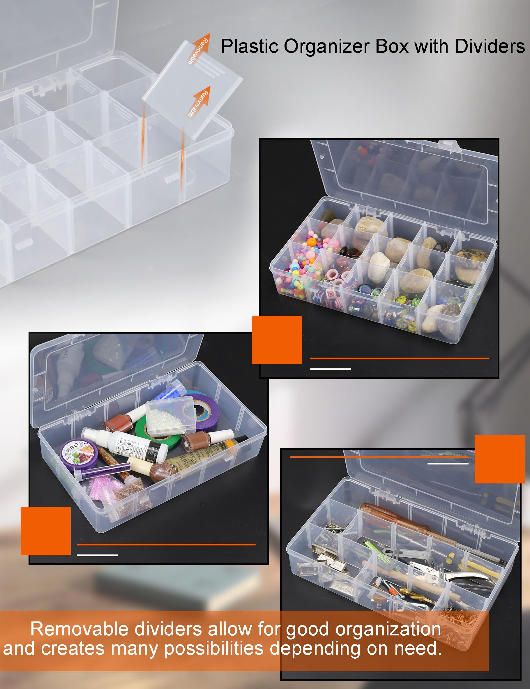 Sjqecyfv Plastic Organizer Tackle Box Organizer Clear Plastic Organizer Box with Dividers Bead Container Divided Storage Containers Large 15 Grid Compartment Box Craft Organizer Tackle Box (2 Pack)
