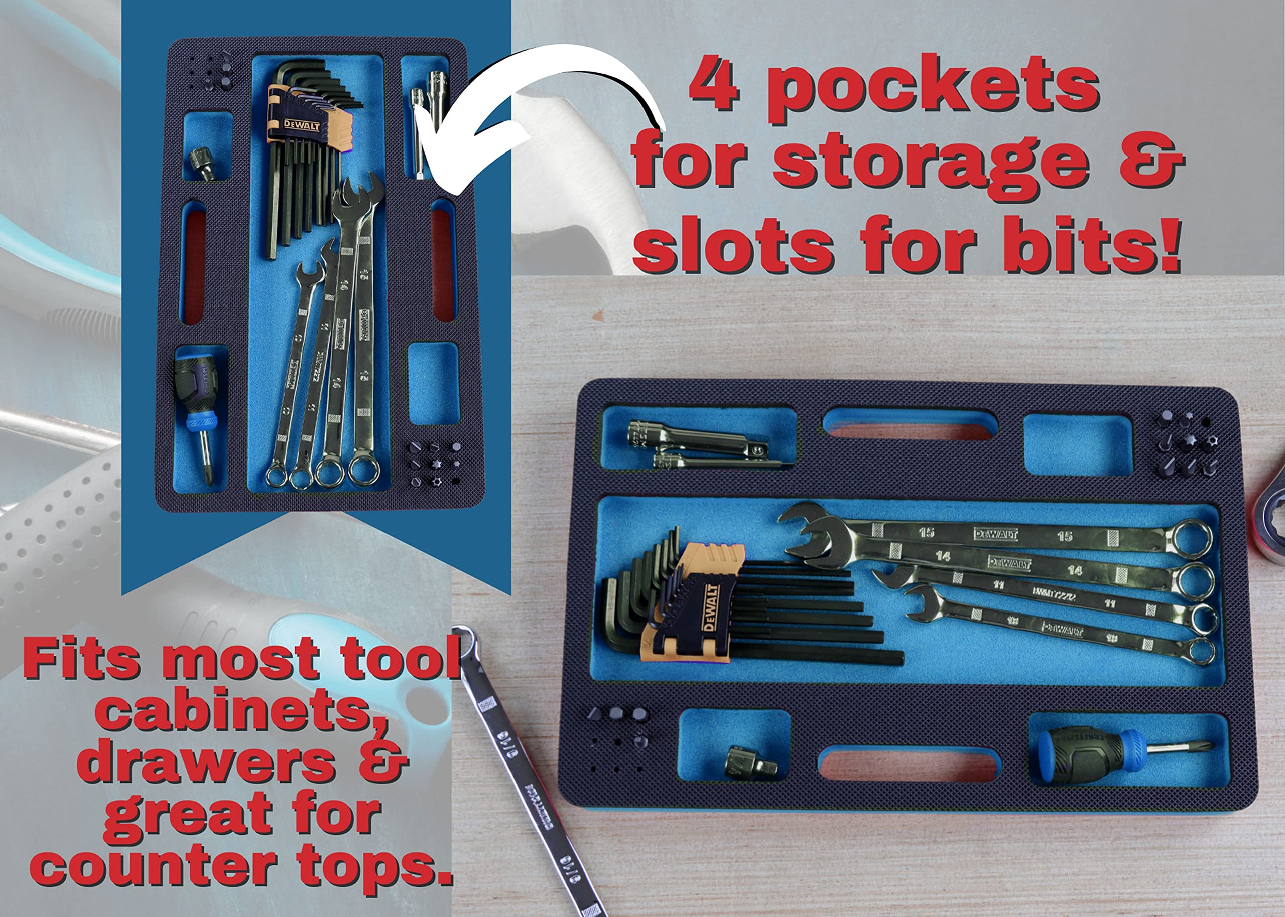 Polar Whale Tool Work Tray Organizer Blue and Black Durable Foam Non-Slip Anti-Rattle Bin Holder Drawer Insert with Handles 5 Pockets with Bit Holes Portable Home Work Garage 14 x 9 Inches