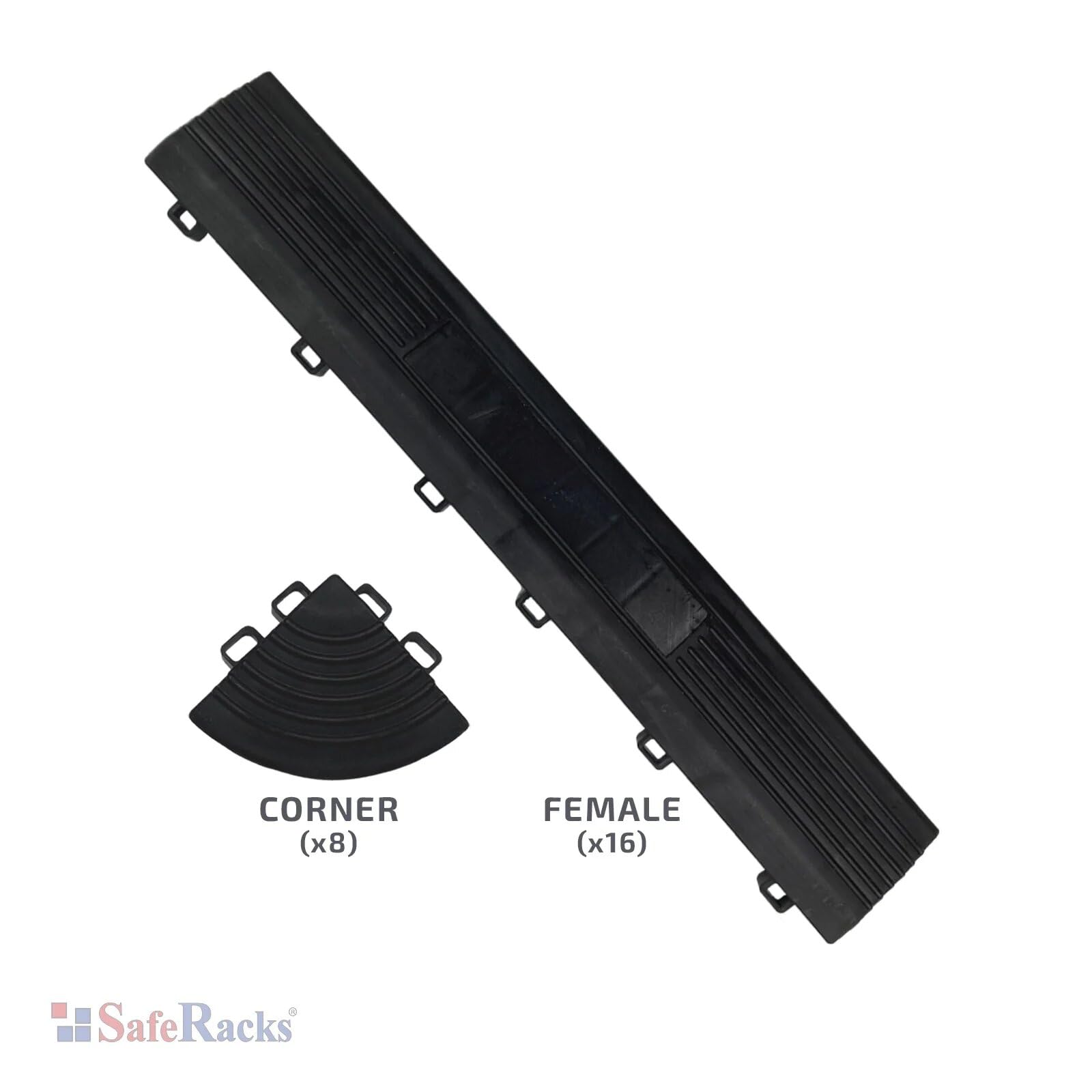 SafeRacks Floor Tile Edge Pieces - Garage Transformation Project, Seamless, Durable Interlocking, Enhance Appearance and Safety, Compatible with SafeRacks Tiles - 15.75" x 2", Female Kit Edge, Black