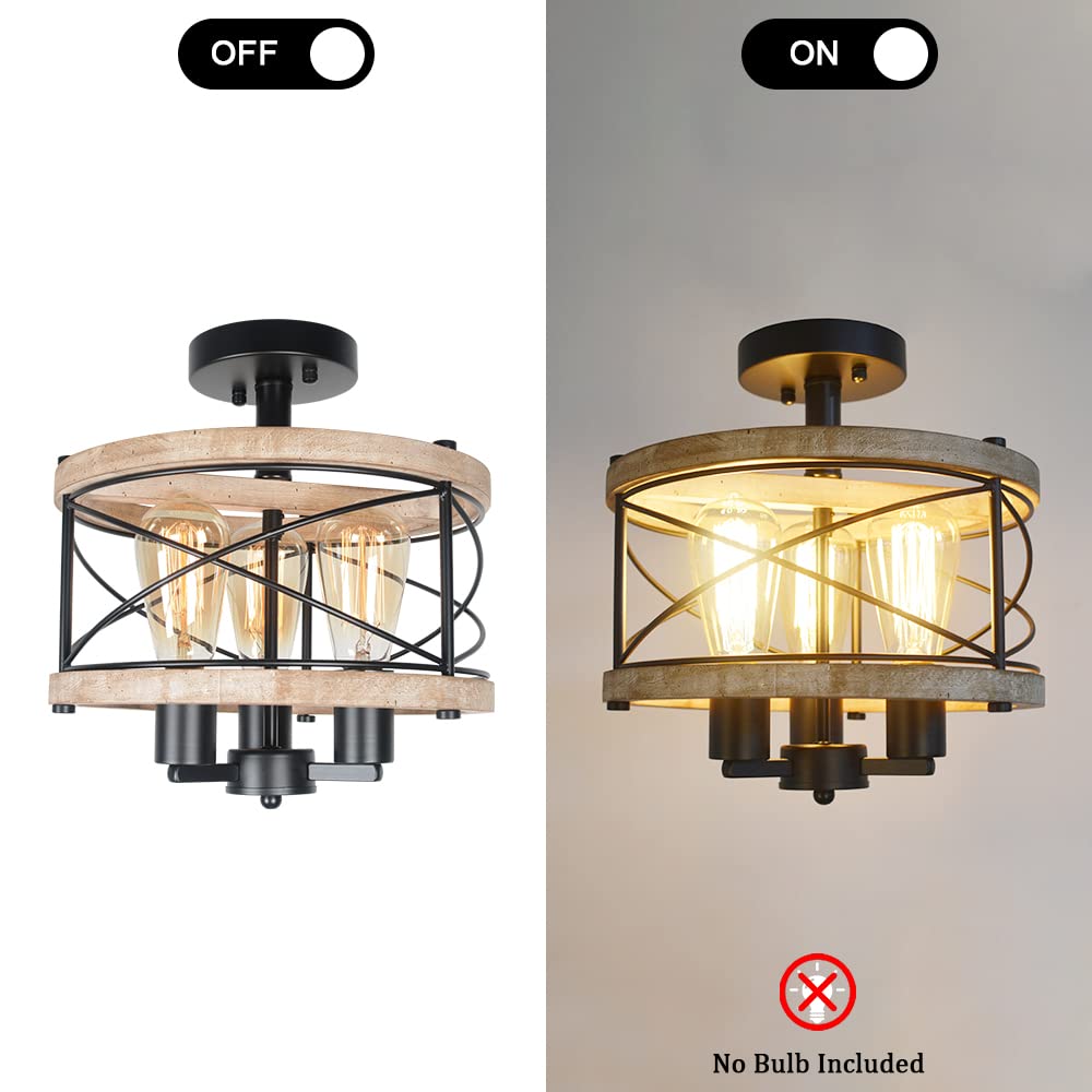 Round Rustic Semi Flush Mount Ceiling Light, Wood Farmhouse Kitchen Light Fixture Black Metal Industrial Bathroom Bedroom Cage Ceiling Lighting 3 Lights Edison E26 17121B